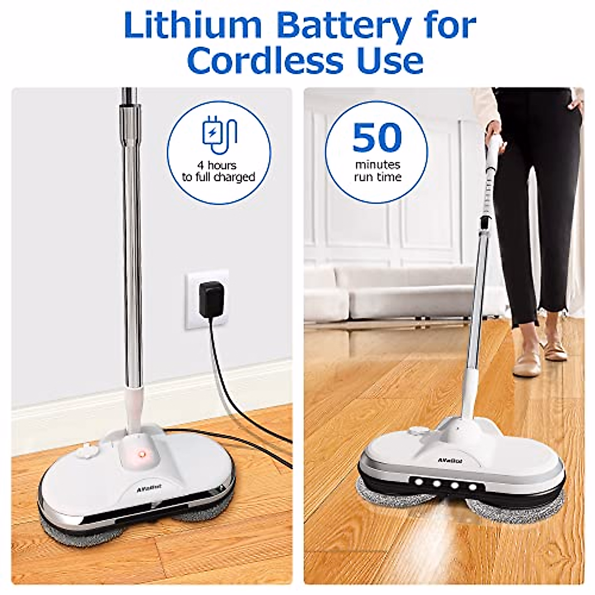 Cordless Electric Mop for Floor Cleaning, AlfaBot WS-24 Electric Spin Mop with Water Sprayer and LED Headlight, Lightweight & Rechargeable Scrubber for Hardwood Tile & Laminate Floors
