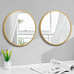 SCWF-GZ 2 Packs of 12" Round Mirror Circle Wall Mounted Hanging or Against Wall Metal Frame Dressing Make-up Mirrors for Entryway Bedroom Bathroom Living Room 12 inch Gold Small