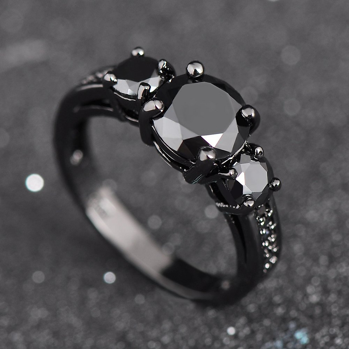 JunXin Round Cut Black Gold Three-stone Diamond Anniversary Ring Black Onyx Size6/7/8/9/10(7)