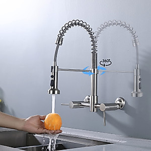 Fonveth Wall Mount Kitchen Faucet, 8 Inch Center Wall Mount Kitchen Sink Faucet with Pull Down Sprayer, Wall Mount Faucet with SprayerCommercial Wall Mount Faucet, Brushed Nickel