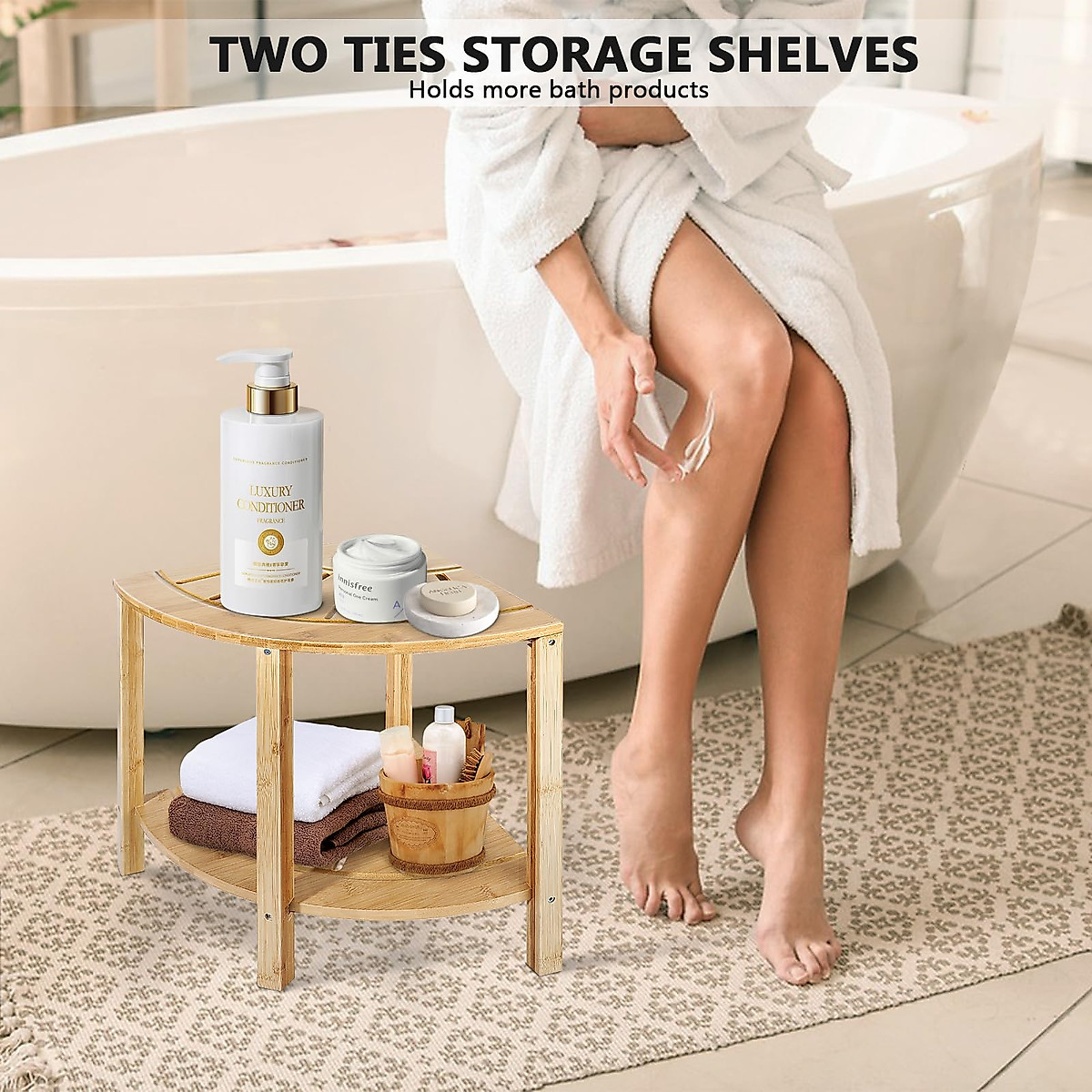 Shower Foot Rest, Bamboo Corner Shower Bench for Shaving Legs, Shower Stool with Storage Shelf for Inside Shower- Waterproof Bath Shower Seat for Bathroom