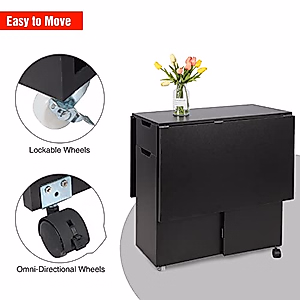 AKVOMBI Folding Dining Table with Storage, Drop Leaf Tables for Small Spaces with Wheels, Space Saving Kitchen Dining Table for Kitchen & Dining Room, Black