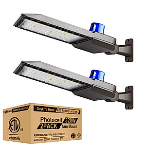 2Pack 320W LED Parking Lot Lights 44800lm (Eqv.1200W MH/HPS) 5000K Daylight Led Parking Lot Lighting with Photocell,Arm Mount, IP65 Outdoor Area Light Energy Saving Upto 2400KW*2/Y(5Hrs/Day)