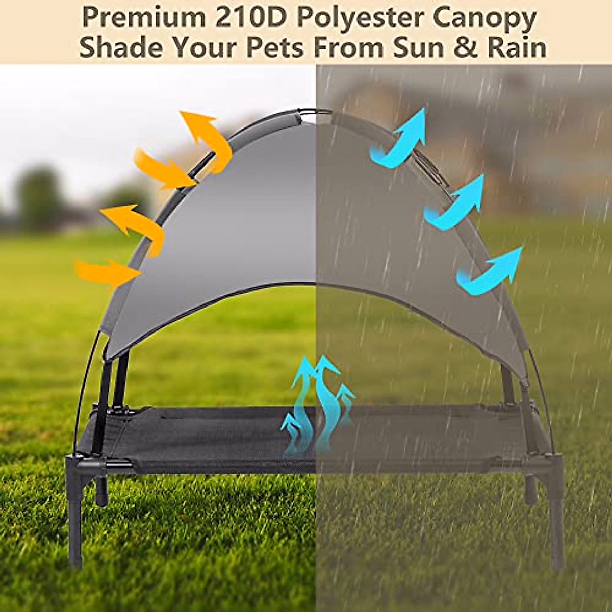 Zooba 31" Elevated Outdoor Dog Bed with Canopy, Cooling Raised Pet Cot with Removable Sunshade for Camping, Deluxe 600D PVC with 2x1 Textilene with Carrying Bag