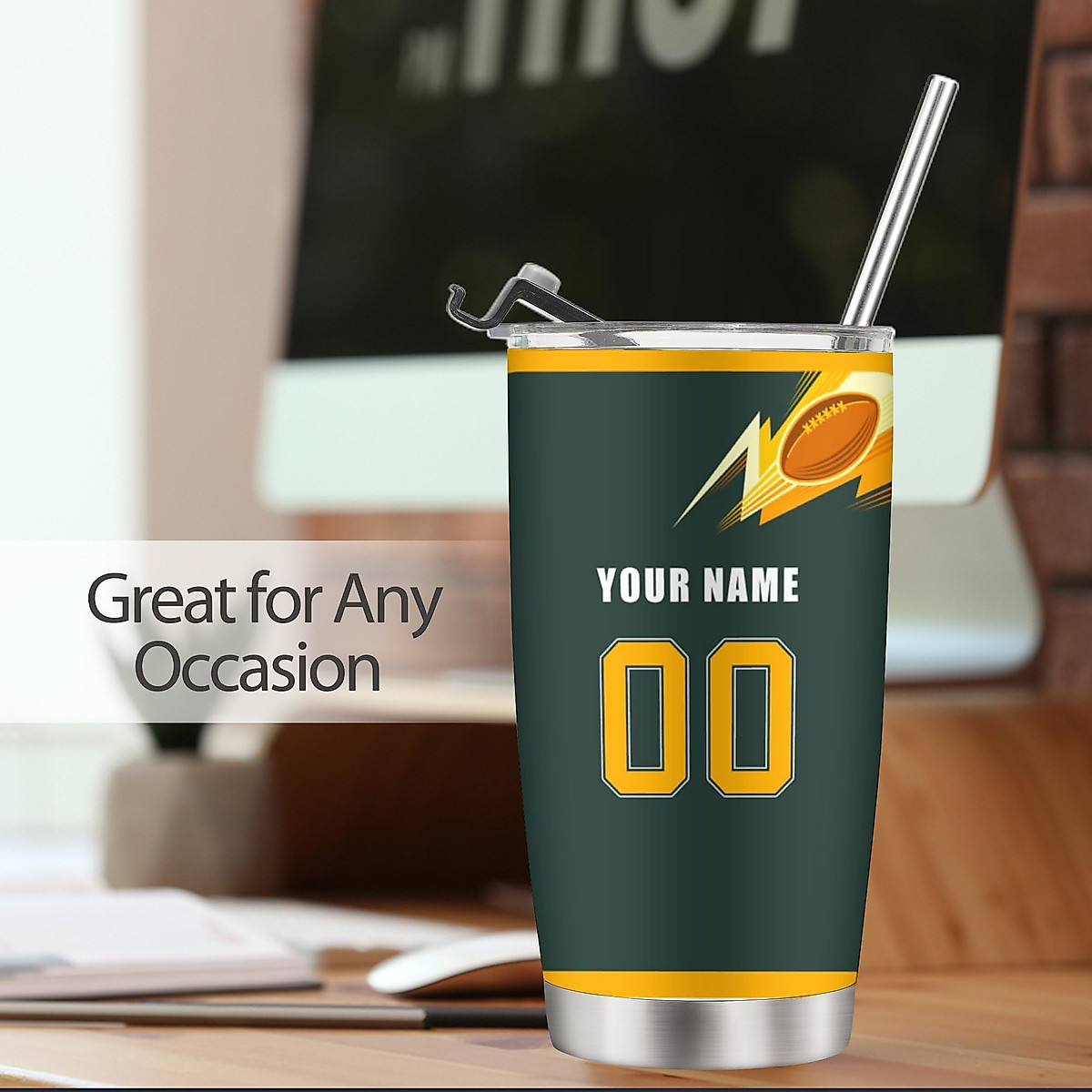 Custom Green Bay Tumbler 20oz Stainless Steel with Lid & Straw Personalized Football Fans Gifts for Women Men Travel Cup Insulated Tumbler Add Name Number