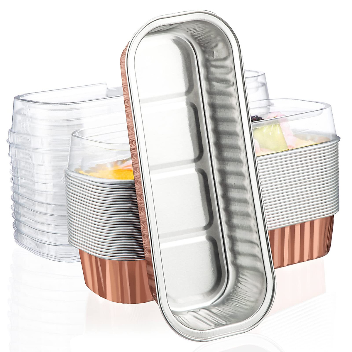 EUSOAR Disposable Aluminum Ramekins, 25pcs 6.8oz 6.5"x2.5"x1.2" Foil Baking Cups Pan with Lids，Rectangle Cupcake Containers Wrappers, Dessert Cheesecake Creme Brulee Ramekins Pan-Rose Gold