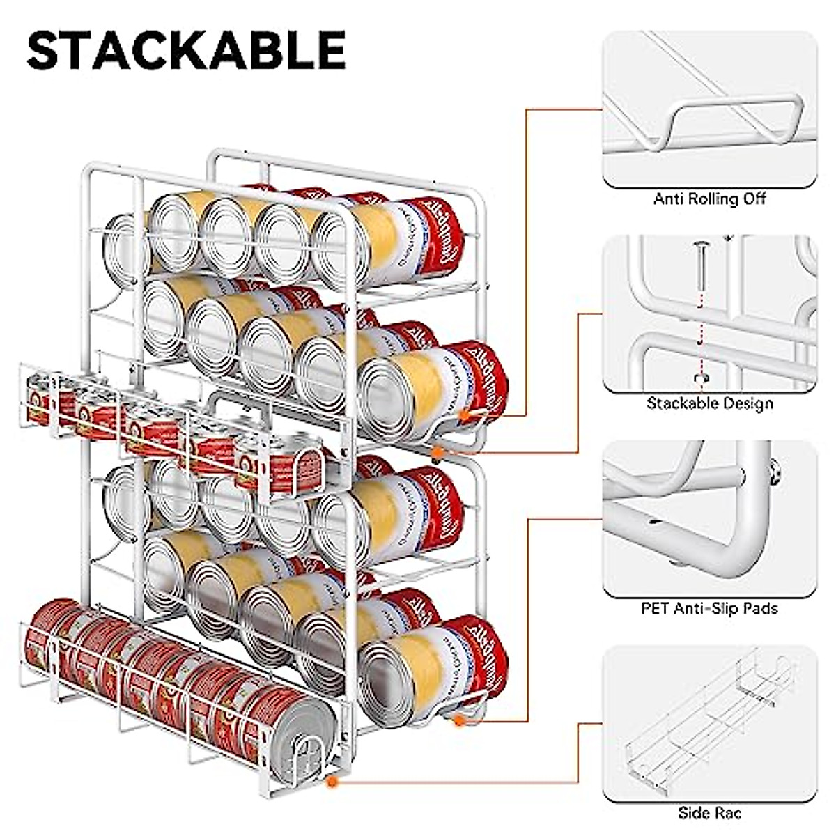 2 Pack - MOOACE Can Dispenser with Side Rack, Stackable Can Storage Organizer Holder for Canned food Kitchen Cabinet Pantry Countertop, White