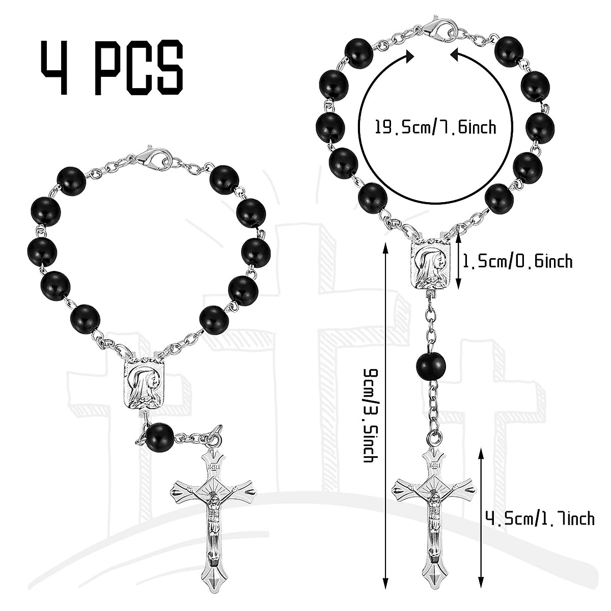 4 Pieces Auto Rosary for Rearview Mirror Pearl Glass Beads Catholic Bracelet Rosary Beads Catholic for Woman Men Car Rosary with Cross Crucifix Rosary Necklace Hanging Accessories (Black Beads)