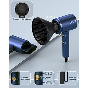 CENJOY Hair Dryer - 1875W Negative Ion Hairdryer with Diffuser, 2 Heating/2 Speed/Cool Setting, Lightweight, Compact, Portable, Quiet for Home, Travel