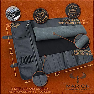 Marion - LE MINUIT - Genuine Calf Top Grain Black Leather - Handcrafted Professional Chef's Knife Storage Roll Bag - 8 Pockets - Adjustable Shoulder Strap - Zippered Interior and Exterior Pocket