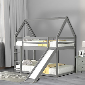 LostCat Twin Over Twin Bunk Bed with Slide,House Shaped Wooden Bunkbeds w/Safety Guardrail and Ladder,No Box Spring Needed,Suitable for Girls Boys,Grey
