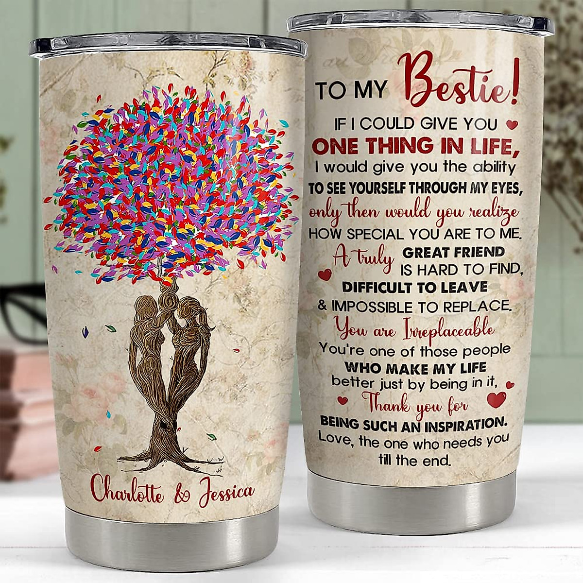 SANDJEST Personalized Best Friend Tumbler Bestie Tree 20oz 30oz Tumblers with Lid Gift for Women Girl Best Friends Besties Soul Sisters Christmas Birthday