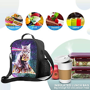 PrelerDIY Galaxy Pizza Cat Lunch Box - Insulated Lunch Bag for Kids with Side Pocket & Shoulder Strap Snack Bags, Perfect for School/Camping/Hiking/Picnic/Beach/Travel