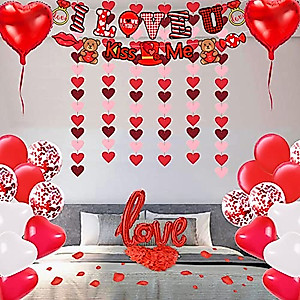 Valentines Day Decorations Set Romantic Bear Heart Banner Set Red Heart and Love Foil Balloons Red White Latex Balloons with 1000pcs Red Rose Petals Party Decor for Wedding Engagement Anniversary