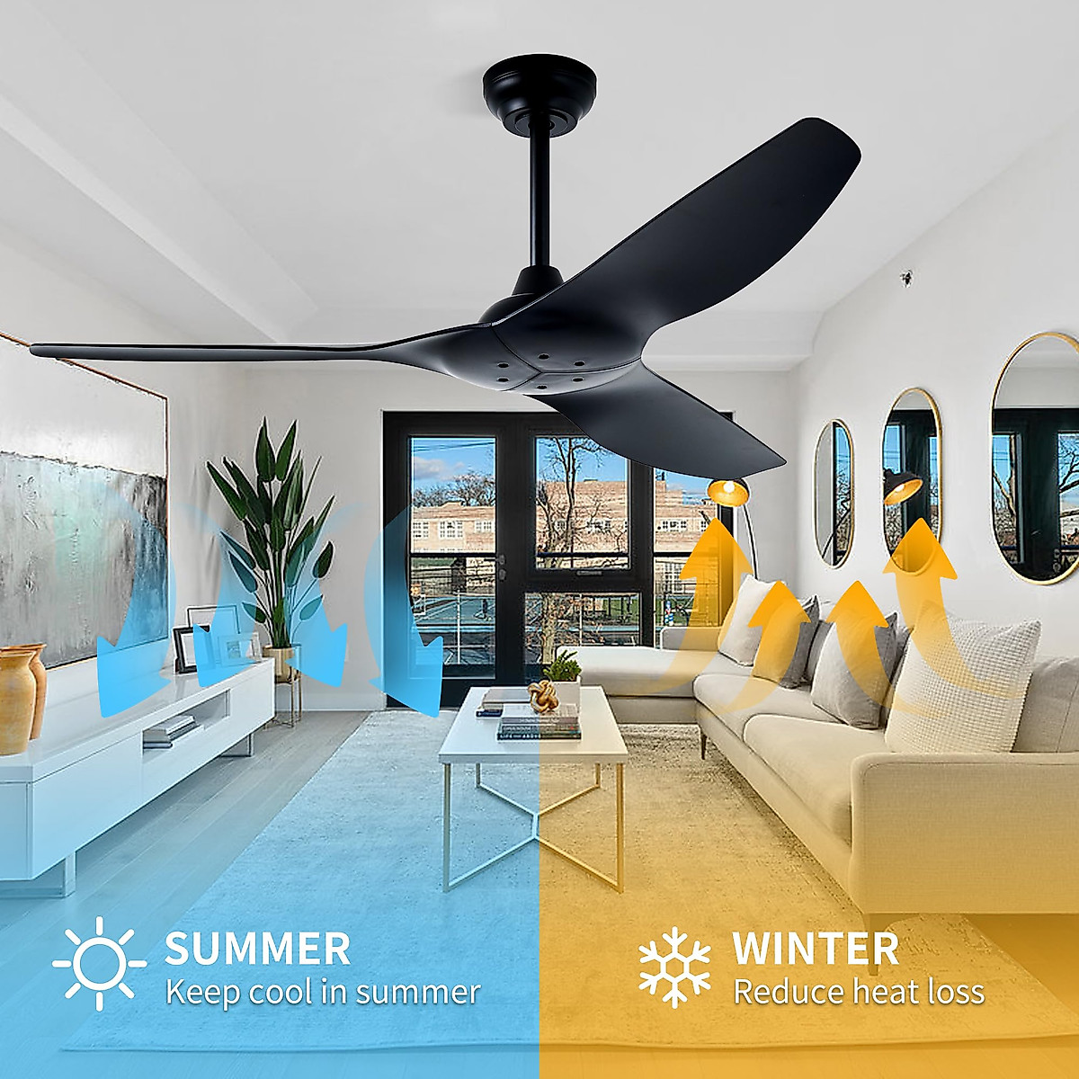 HUMHOLD 52" Ceiling Fan no Lights with Remote, Reversible DC Motor 6-Speed Ceiling Fan, 3 Blades Black Ceiling Fan without Light, Modern Propeller Ceiling Fans for Bedroom, Living Room