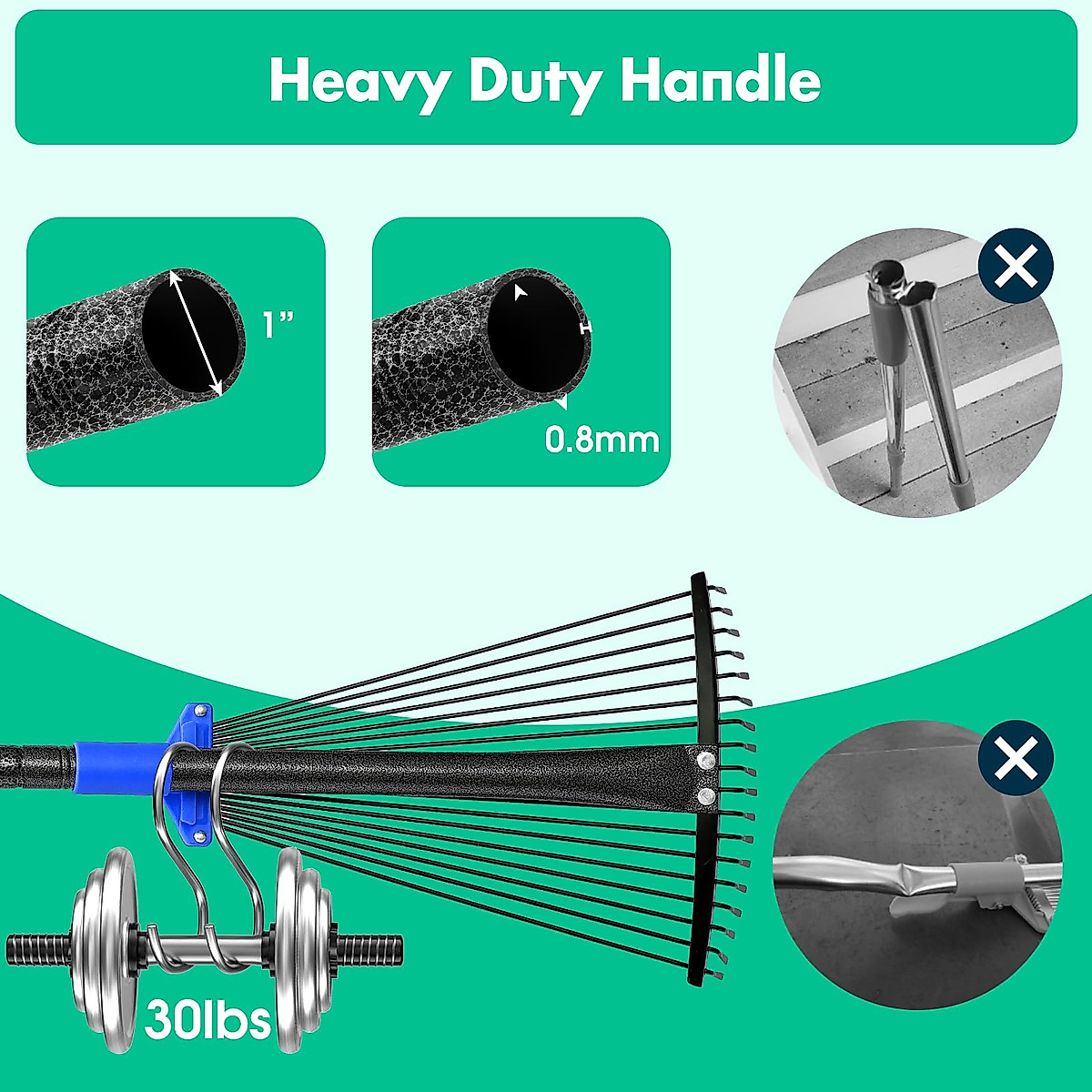 Garden Leaf Rake with Expandable Head from 9.5 inch to 17 inch, Collapsible Lawn Rake with Adjustable 53 Inch Splicing Handle, Heavy Duty Metal Rake for Lawn Yard, Flowers Beds and Roof