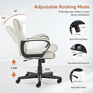 Sweetcrispy Executive Office Chair with Padded Armrests Adjustable Height, 360-Degree Swivel, Lumbar Support, PU Leather, Cream