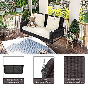FANYE Outdoor PE Wicker Swing Chains, Pillows for Garden, Backyard, Pond Porch Furniture Set, 2 Seaters Double Rattan Cushioned Conversation Hanging Sofa & Couch, Brown+Beige