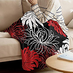 COLORSUM Soft Flannel Throw Blanket Chrysanthemum Flower Red Black White Cozy Plush Bed Blanket Lightweight Throw for Sofa Couch Bed 50 x 60 inches
