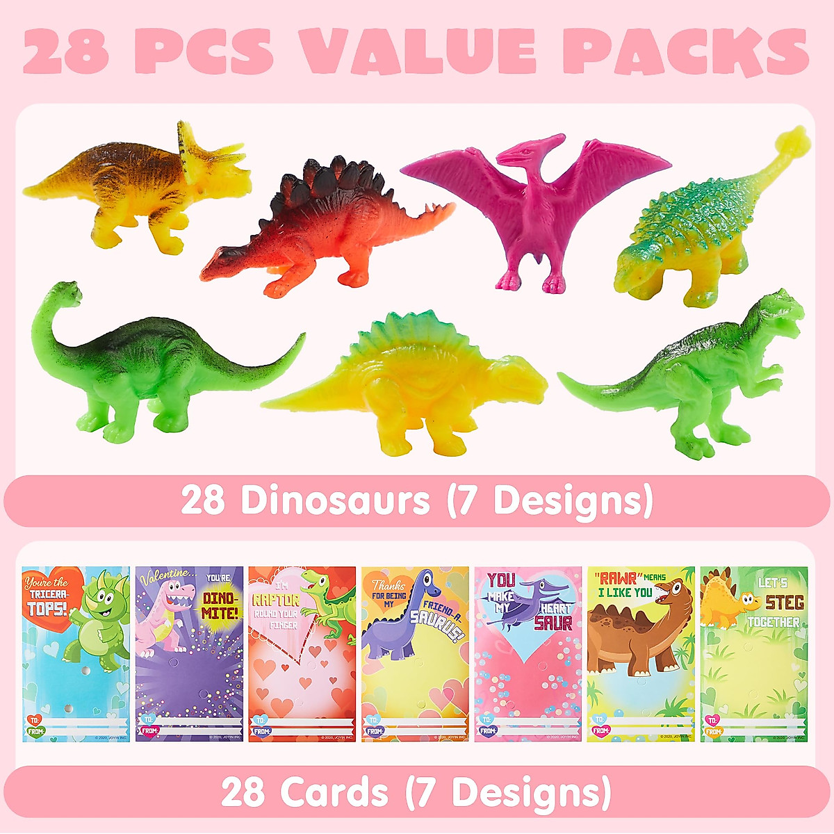 JOYIN 28 Pack Valentines Day Card with Dinosaur Figure Toys for Valentine Kids Party Favor, Classroom Exchange Prizes, Valentine’s Greeting Cards