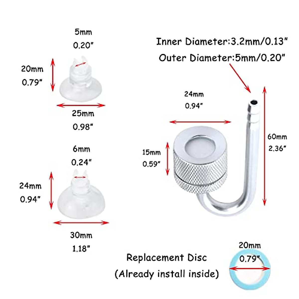 Crapyt Aquarium CO2 Atomizer Refiner Aluminum Alloy Carbon Dioxide Bubble Diffuser with Suction Cup Set of 1 Aquarium Accessories Silver Fish Tank Pond Replacement Fresh or Saltwater