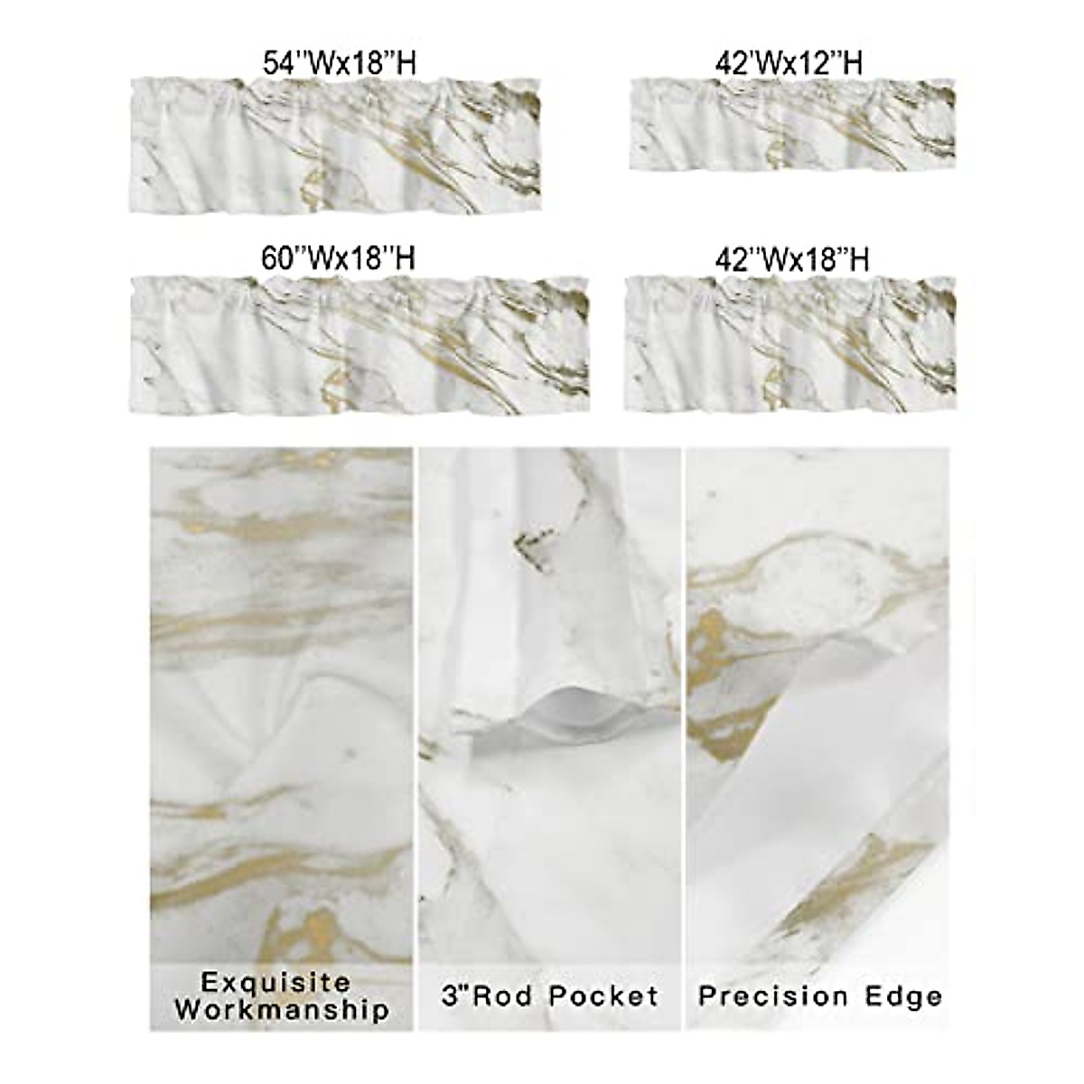 Window Valance for Kitchen,White Marble Gold Cracked Line Rod Pocket Curtain Valances Short Curtains Drapes Panel,Modern Art Abstract Pattern Window Treatment Topper for Bathroom Bedroom 54x18in