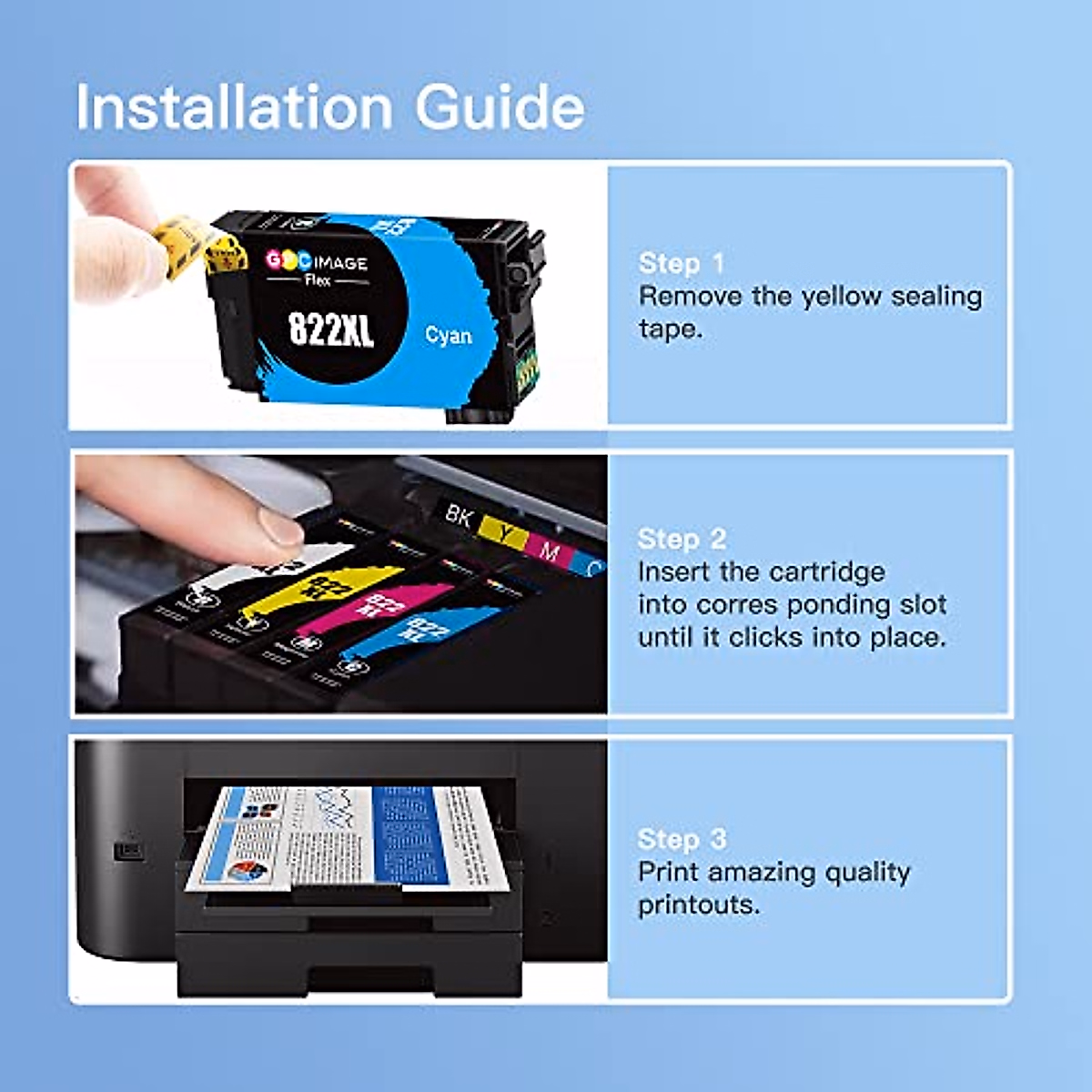 GPC ImageFlex Remanufactured 822XL 822 Epson Ink Cartridges Replacement for Epson 822xl Ink Cartridges Epson 822 XL T822XL to use with Pro WF-3820 WF-4820 WF-4830 WF-4833 Printer（4 Pack）