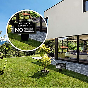 CIGERA Private Property No Trespassing, No Soliciting and No Loitering Signs with Stake, 16x12.5 Inch Rust Free Metal Yard Warning Signs, Great for House and Business