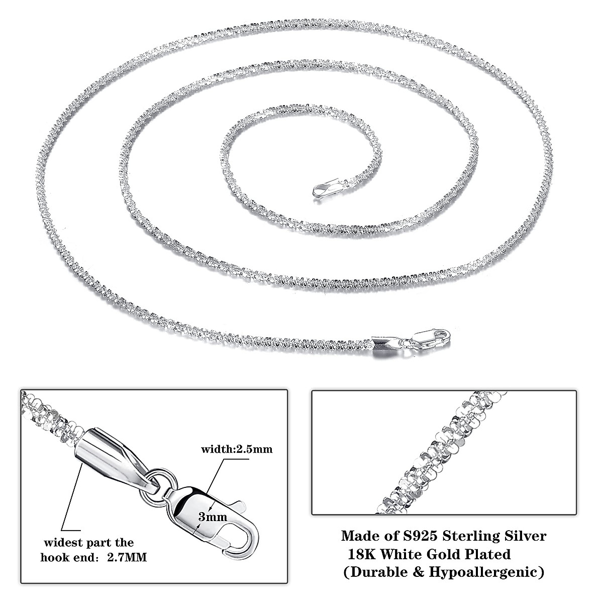 MILACOLATO 925 Sterling Silver 2MM Sparkle Mirror Link Chain for Women 18K Gold Plated Durable Italian Silver Choker Necklace Chain Jewelry - Lobster Claw Clasp 16/18/20/22/24/26 Inches