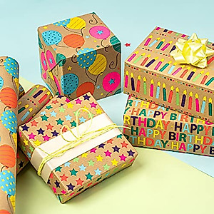 RUSPEPA Kraft Wrapping Paper Rolls - 17 inches x 10 feet per Roll, Total of 4 Rolls, Colorful Birthday