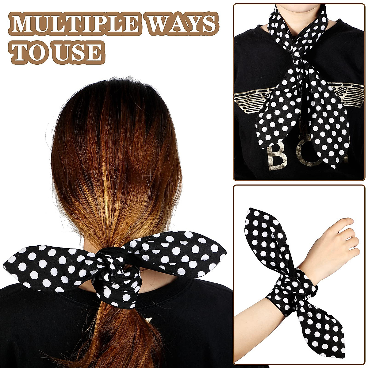 Costume Headband White Polka Dot Bandana Wire Headband Halloween Dress up Retro Hairband Headwrap Hair Accessories for Women(Big Dots,Black)