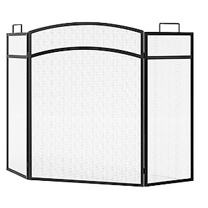 Calidola 3 Panel Fireplace Screen 48" W x 29" H Modern Foldable with Wrought Metal Decorative Mesh,Arch Heavy Duty Fire Spark Guard Cover for Home Decor Indoor, Black