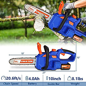 SORAKO 20V 10-Inch Cordless Chainsaw, Electric Chainsaw, Auto-Tension & Lubrication, Battery Powered Chain Saw for Trees Trimming& Wood Cutting, 4.0Ah Battery and Charger Included