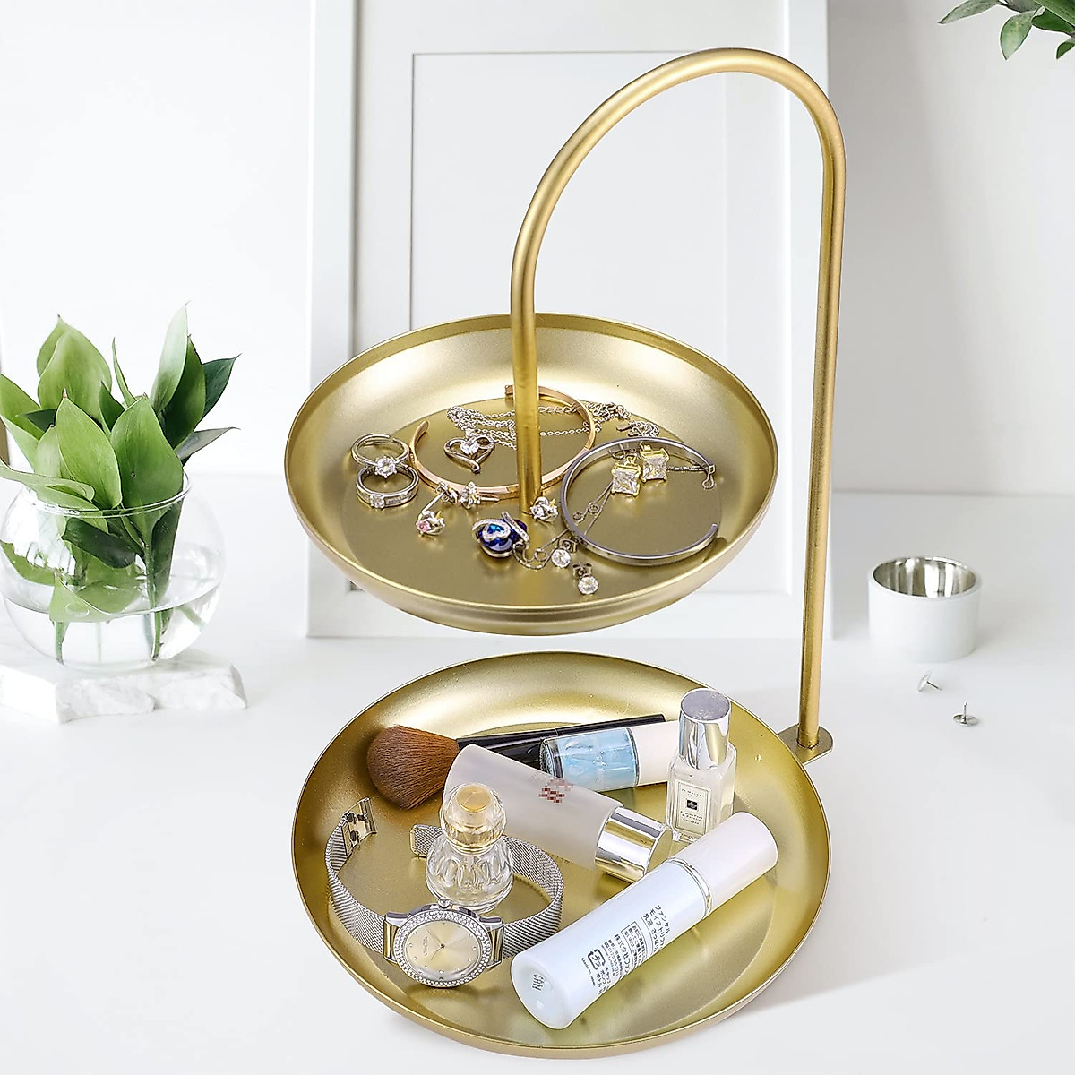 ManChDa 2-Tier Jewelry Tray Glod Multi Layer Necklace Holder Attractive Gold Jewelry Storage Display Stand Double Jewelry Organizer Table Storage Tray for Key, Bracelet & Ring
