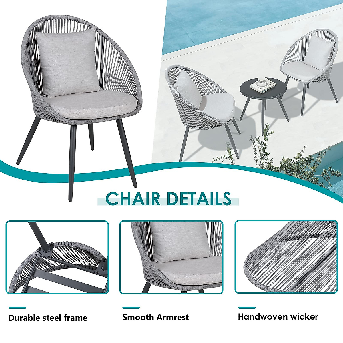 COBANA 3 Piece Patio Bistro Set, Outdoor Woven Rope Conversation Balcony Furniture Set with Glass Top Table and Cushioned Chairs for Garden, Backyard, Deck, Poolside, Gray