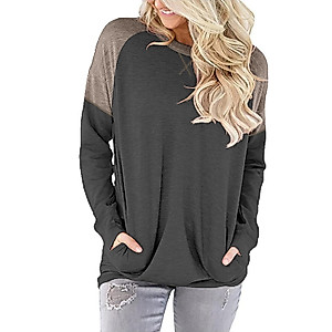 Angerella Tops for Women Cute Color Block Long Sleeve Shirts Basic Lightweight Round Neck Sweatshirt Gray M