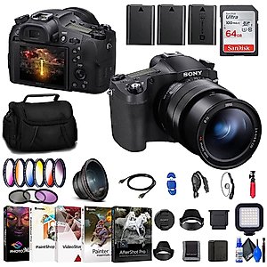 Sony Cyber-Shot DSC-RX10 IV Digital Camera (DSCRX10M4/B) + Wide Angle Lens + Telephoto Lens + Color Filter Kit + 64GB Card + 2 x NPF-W50 Battery + Card Reader + LED Light + More (Renewed)