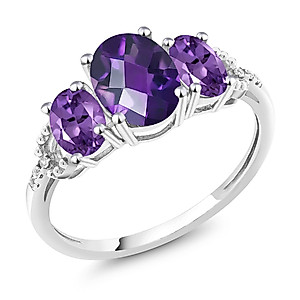 Gem Stone King 10K White Gold Oval Checkerboard Purple Amethyst and Diamond Accent 3-Stone Women Engagement Ring (1.75 Cttw, Gemstone Birthstone) (Size 7)