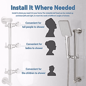 Shower Slide Bar Adjustable Handheld Shower Head Holder Wall Mount - 15inch All-Metal Shower Head Slide Bar Compatible with Bathroom Drill Free Glue Installation - Brushed