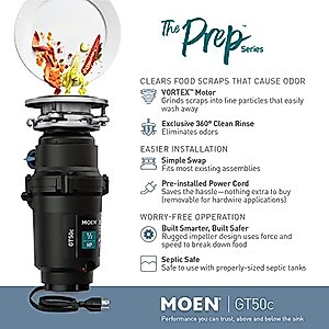 Moen Prep Series Disposer 1/2 Horsepower Continuous Feed Garbage Disposal featuring Fast Track Technology, Power Cord Included, GT50C