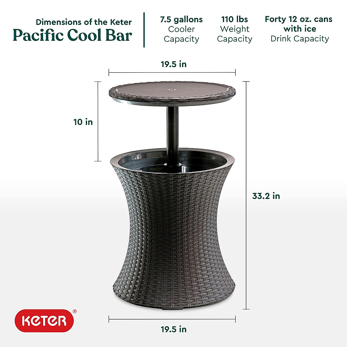 Keter Outdoor Patio Furniture and Hot Tub Side Table with 7.5 Gallon Beer and Wine Cooler, Brown