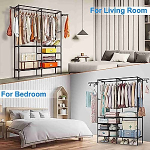 TeqHome Garment Rack, 42'' Freestanding Clothes Rack Shoe Clothing Organizer Shelves, Multifunctional Clothes Wardrobe with 4 Hooks & 2 Hanging Rods, Coated Iron Frame, Easy Assembly, Max Load 350lbs
