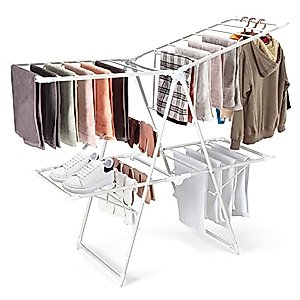 Tangkula Foldable Clothes Drying Rack, 2-Level Laundry Drying Rack w/ 28 Hanging Rails & Height Adjustable Wings, Freestanding Large Drying Rack for Clothes, Sheets, Shoes, Socks, No Assembly