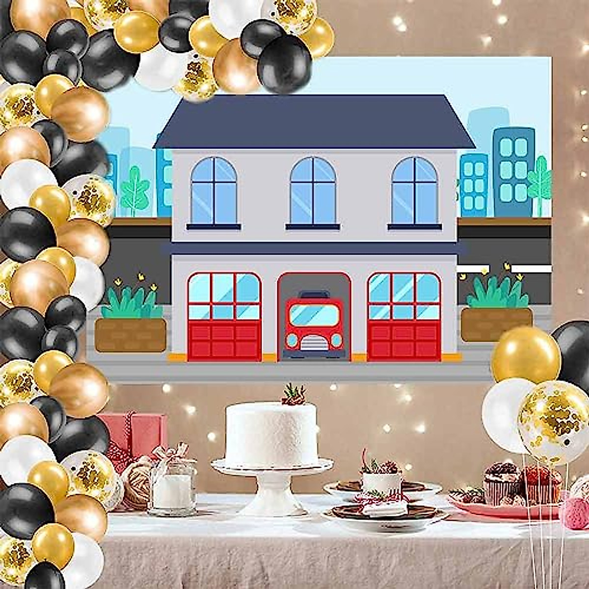 EMTOBT 7x5ft Cartoon City Fire Station Backdrop Firetruck Theme Kids Fireman City Street Birthday Background Firehouse Party Decorations Cake Table Decor Banner Children Photo Props BJWZEM0048