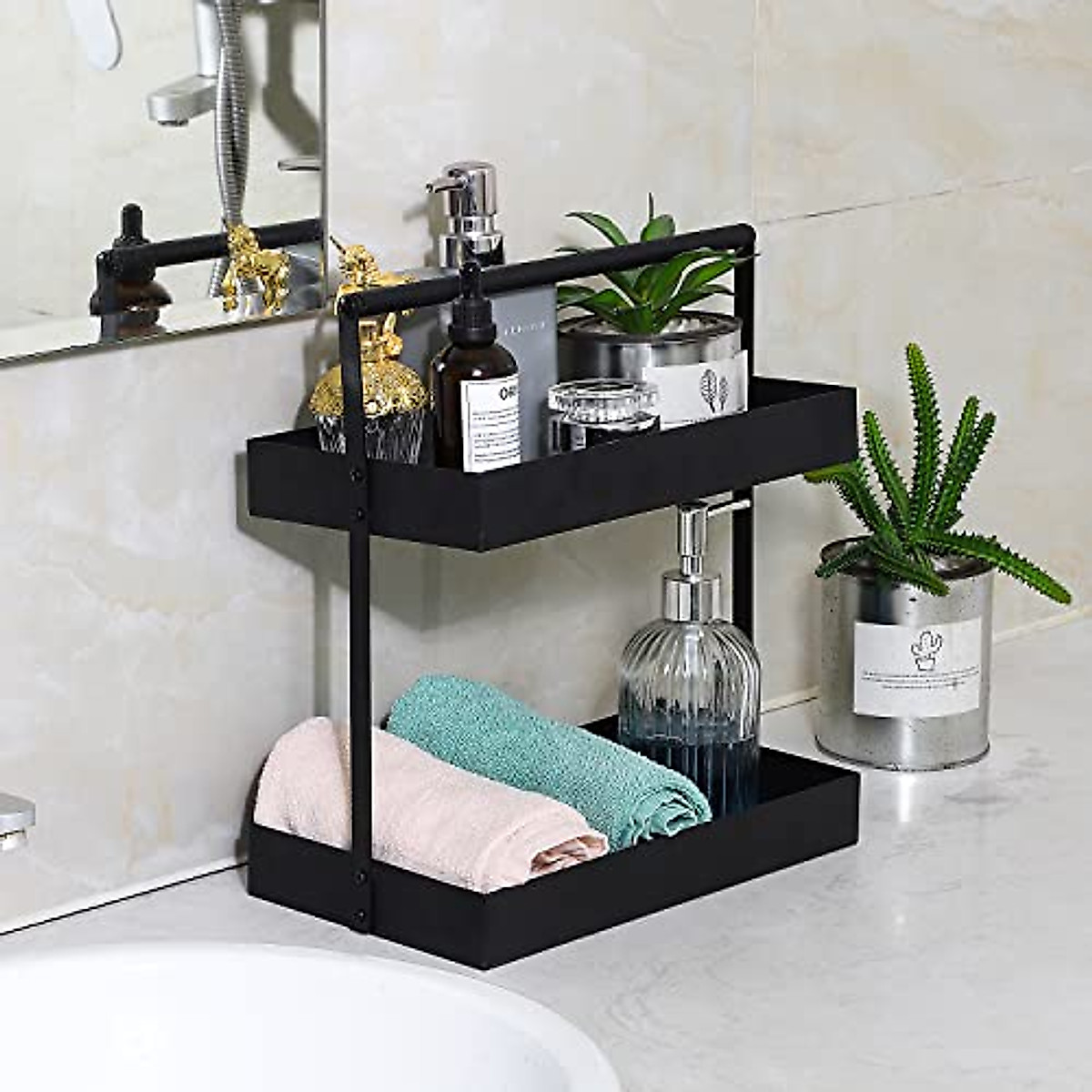 YANBETTER 2 Tier Bathroom Countertop Sink Vanity Trays, Black Makeup Organizer for Bathroom Supplies Kitchen Spice Rack Countertop Storage Shelf Cosmetic Vanity Storage Tray (black2)
