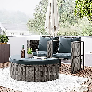 HHOK 2-Piece All-Weather PE Wicker Conversation Sofa, Outdoor Patio Half-Moon Sectional Furniture Set w/Side Table for Umbrella, Suitable for Poolside, Backyard Porch, Rattan+Gray Cushion