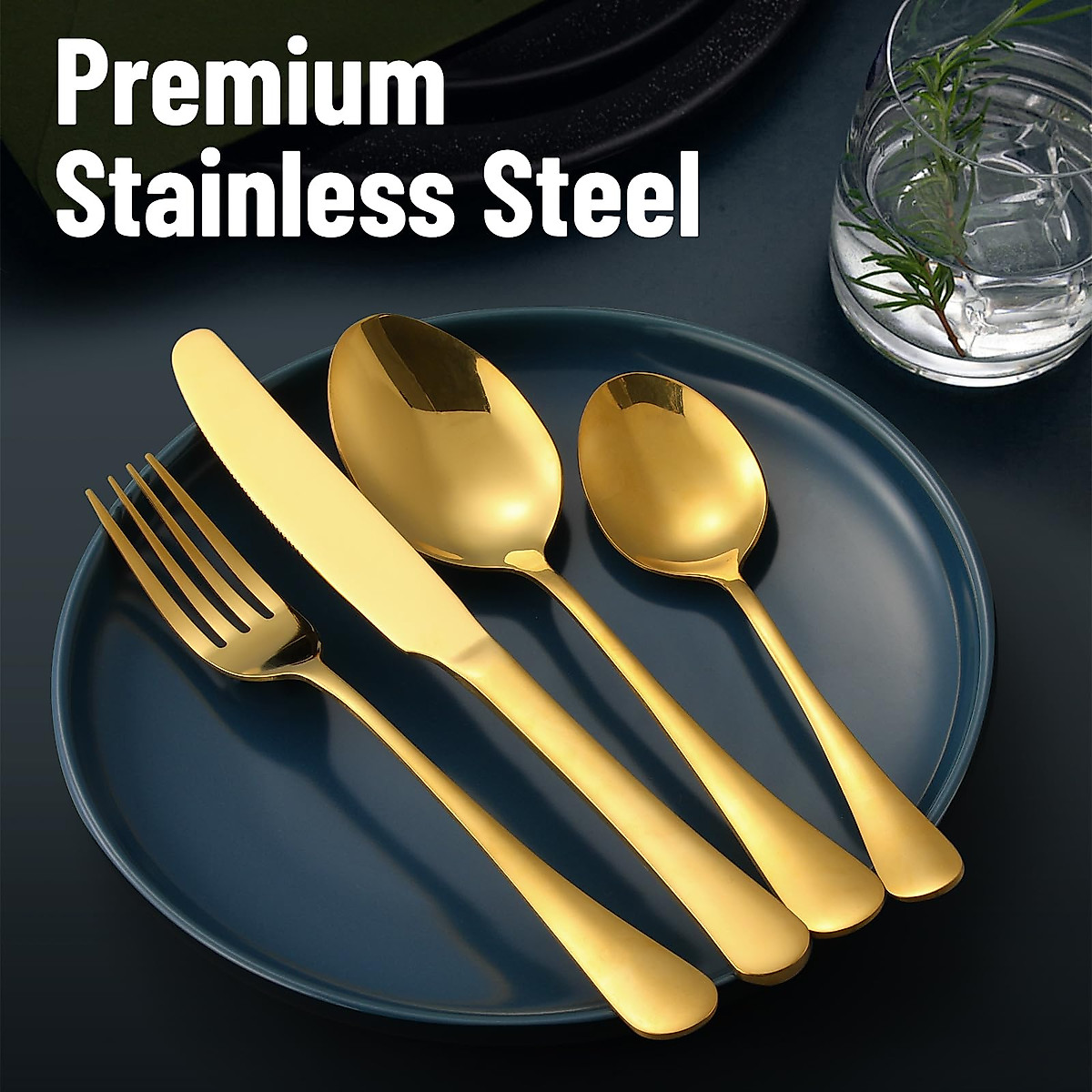 SDOM Silverware Set, Mirror Finish 24-Piece Stainless Steel Rounded Flatware Set for 6, Food-Grade Tableware Cutlery Set, Utensil Sets for Home Restaurant, Dishwasher Safe（Gold）