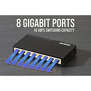 Intellinet 8 Port Gigabit Ethernet Switch – 10 / 100 / 1000 Mbps - Computer Desktop Internet Networking Splitter LAN Hub Router – Unmanaged – Plug & Play - Fanless Quiet – 3 Yr Mfg Warranty – 561754