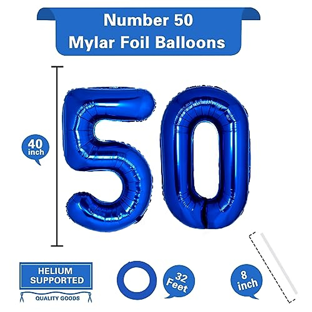 40 Inch Giant Navy Blue Number 50 Balloon, Helium Mylar Foil Number Balloons for Birthday Party, 50th Birthday Decorations for kids and adults, 50 Year Anniversary Party Decorations Supplies