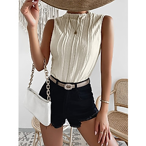 Verdusa Women's Sleeveless Mock Neck Textured Tank Top Beige M